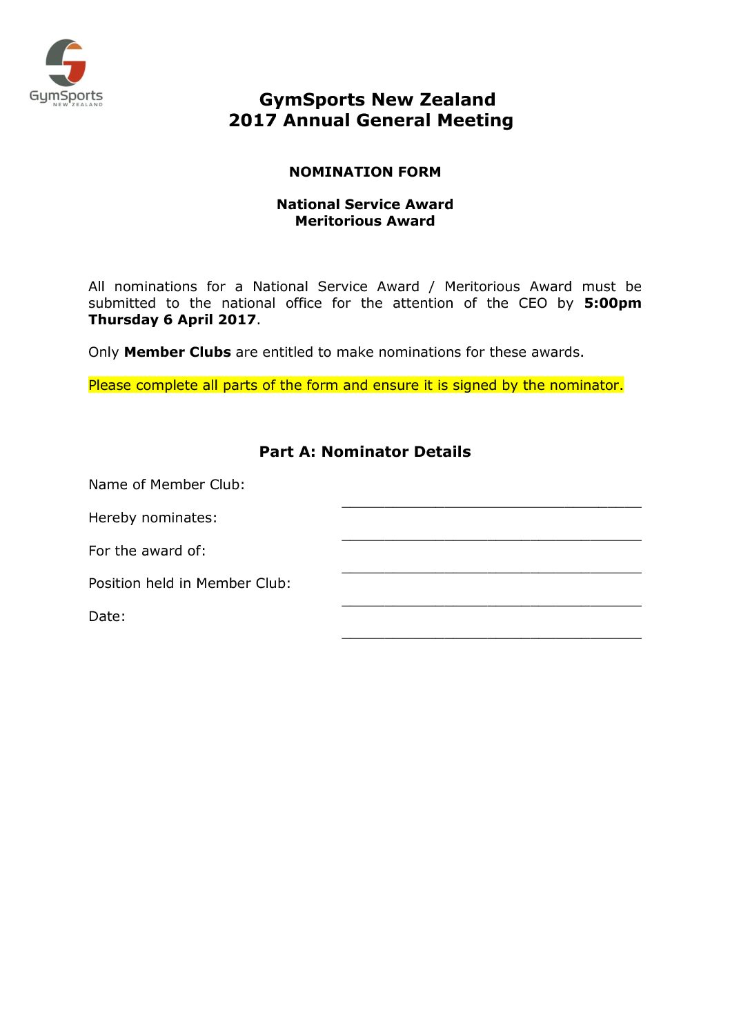 Nomination Form for National Service Award or Meritorious Award ...