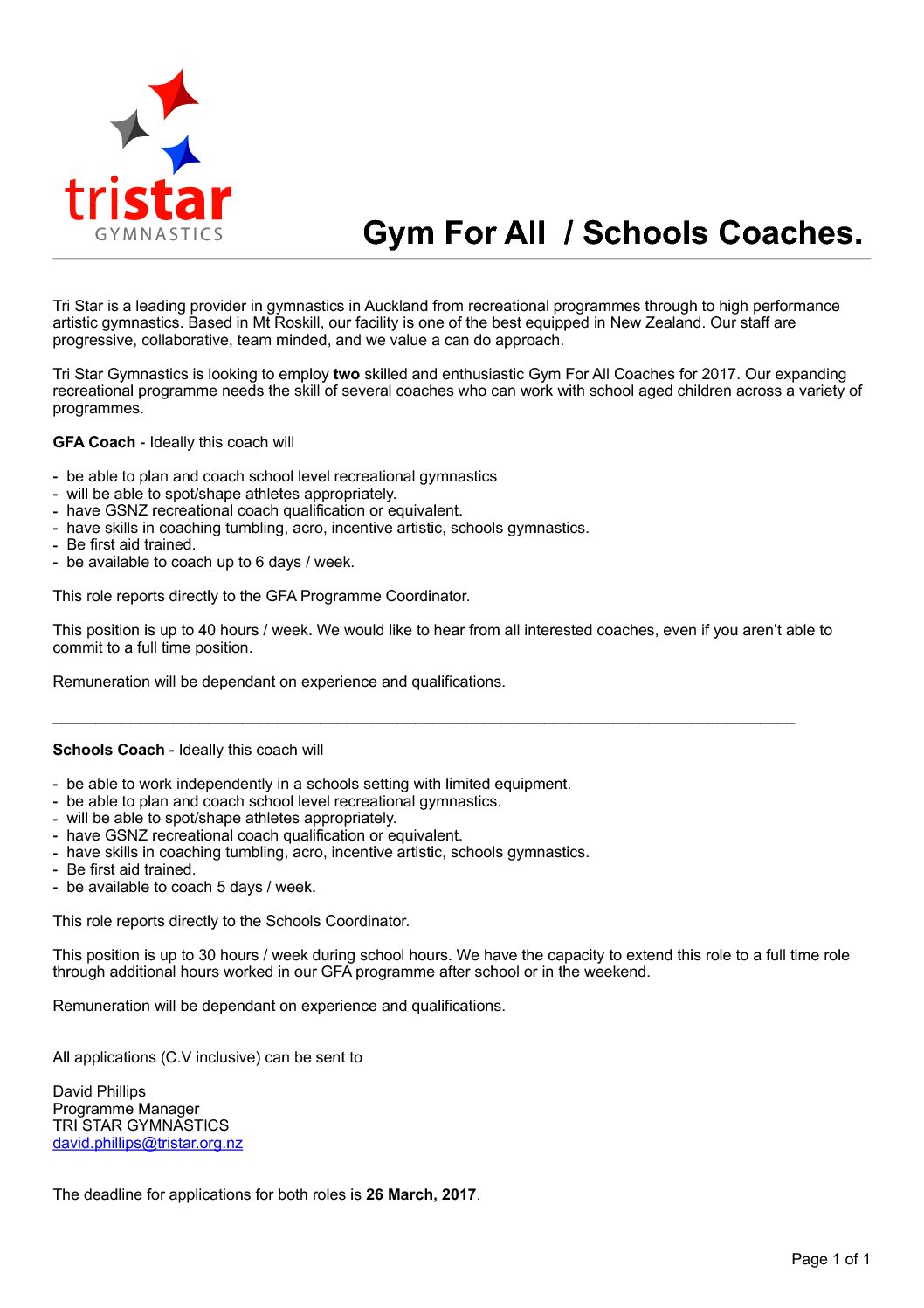 Gym For All Job Advertisement – Tri Star | GymnasticsNZ