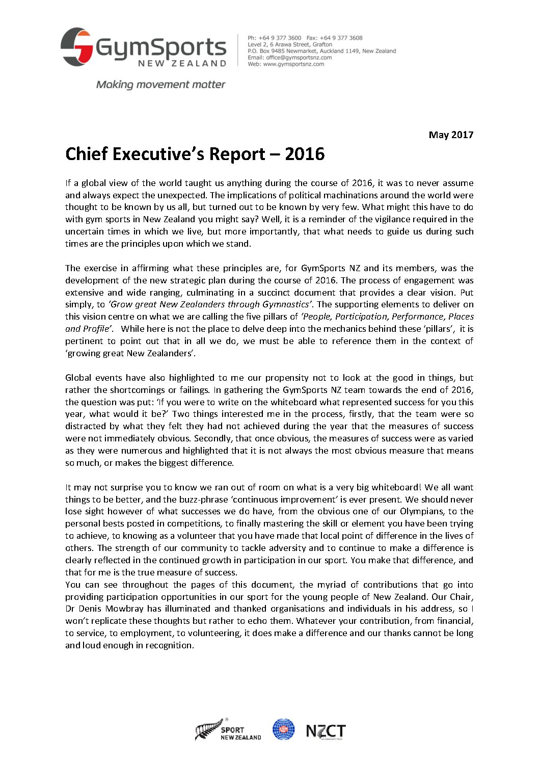 CEO Report 2016 | GymnasticsNZ