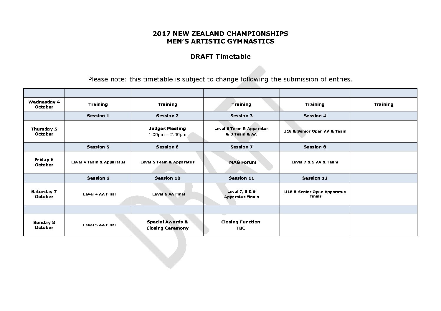 2017 Championships – MAG DRAFT Timetable 25.07 | GymnasticsNZ