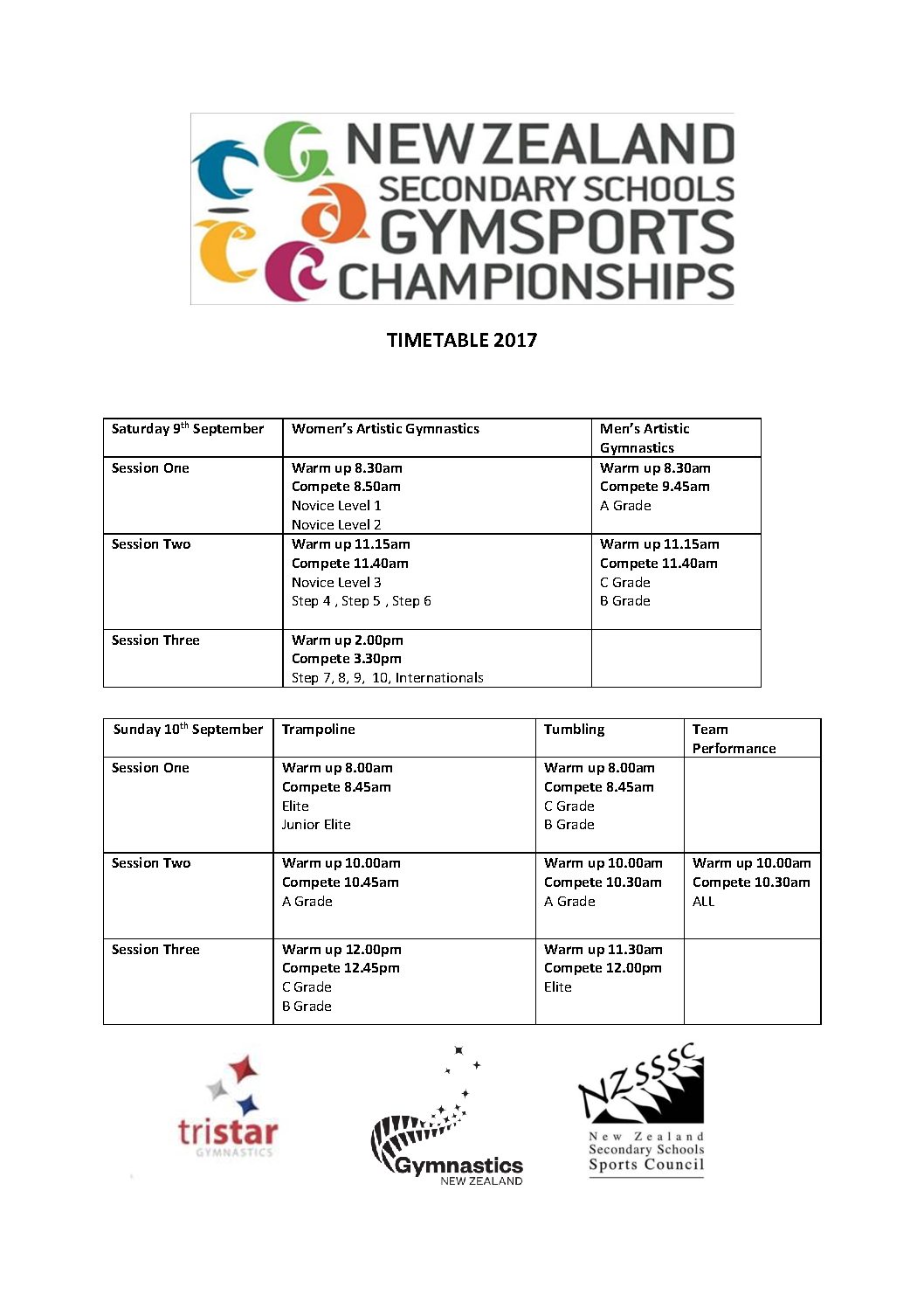 2017 NZSS timetable | GymnasticsNZ