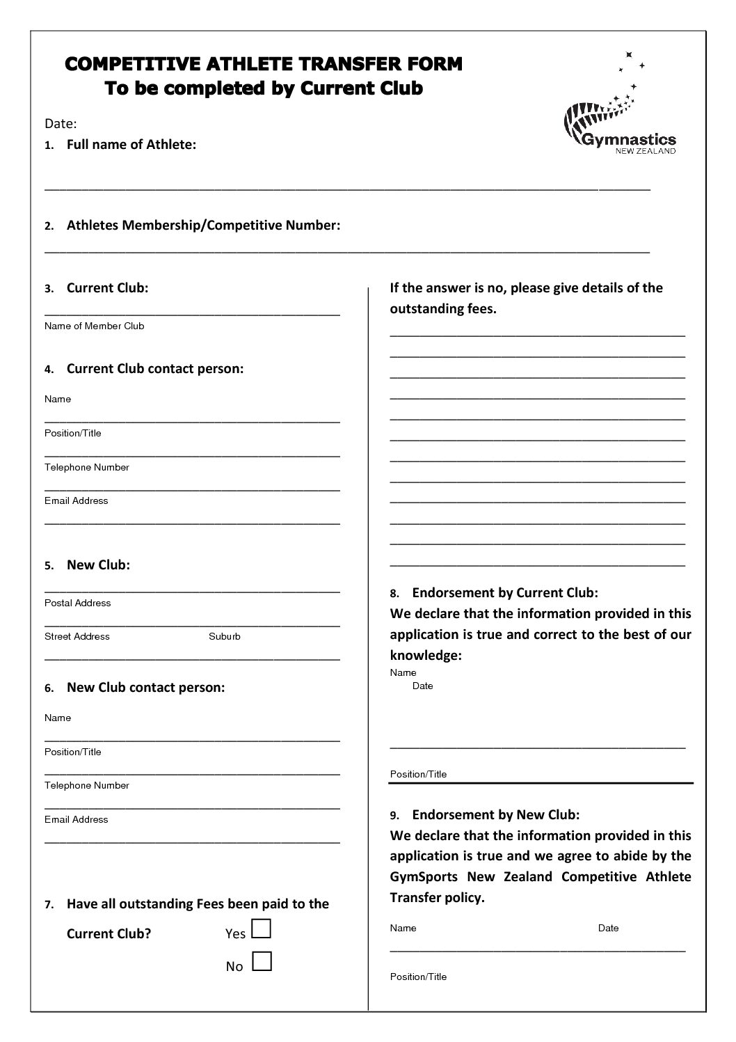 Competitive Athlete Transfer Form – Final September 2017 | GymnasticsNZ