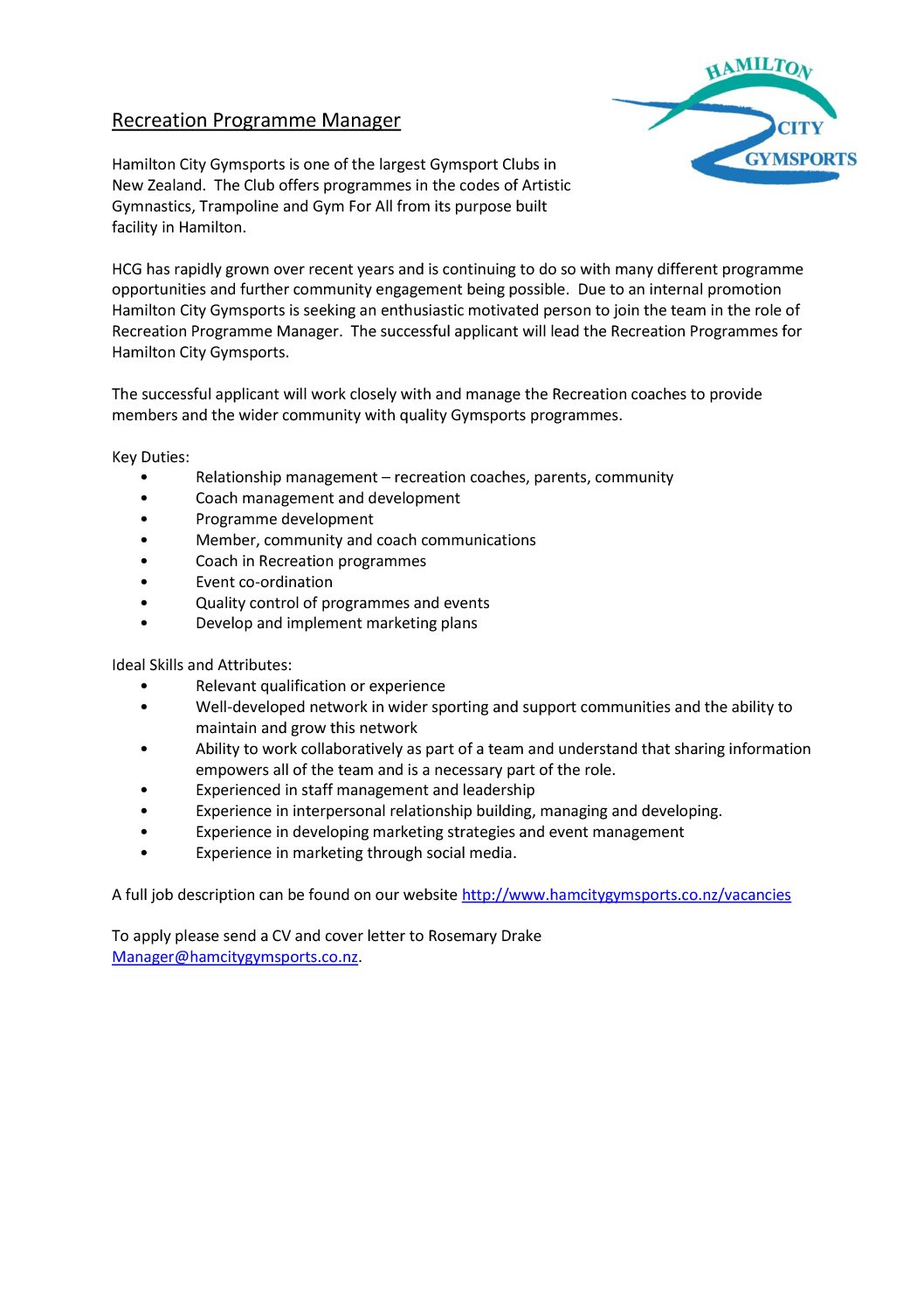 Recreation Programme Manager Advert GNZ | GymnasticsNZ