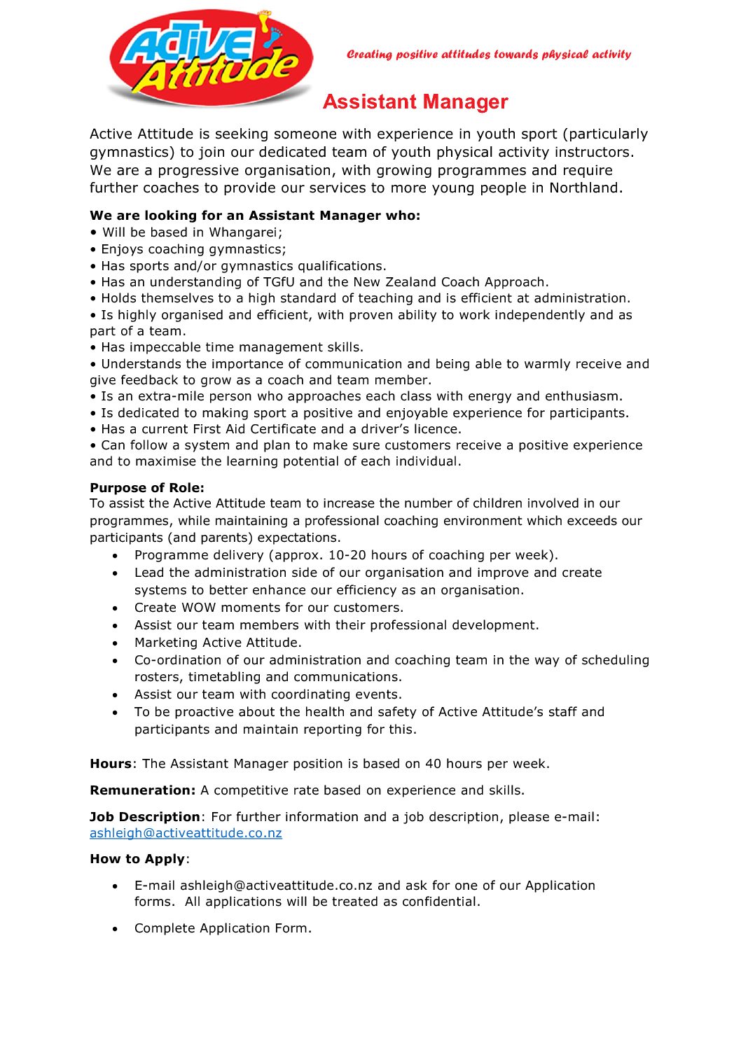 Active Attitude Assistant Team Manager job ad | GymnasticsNZ