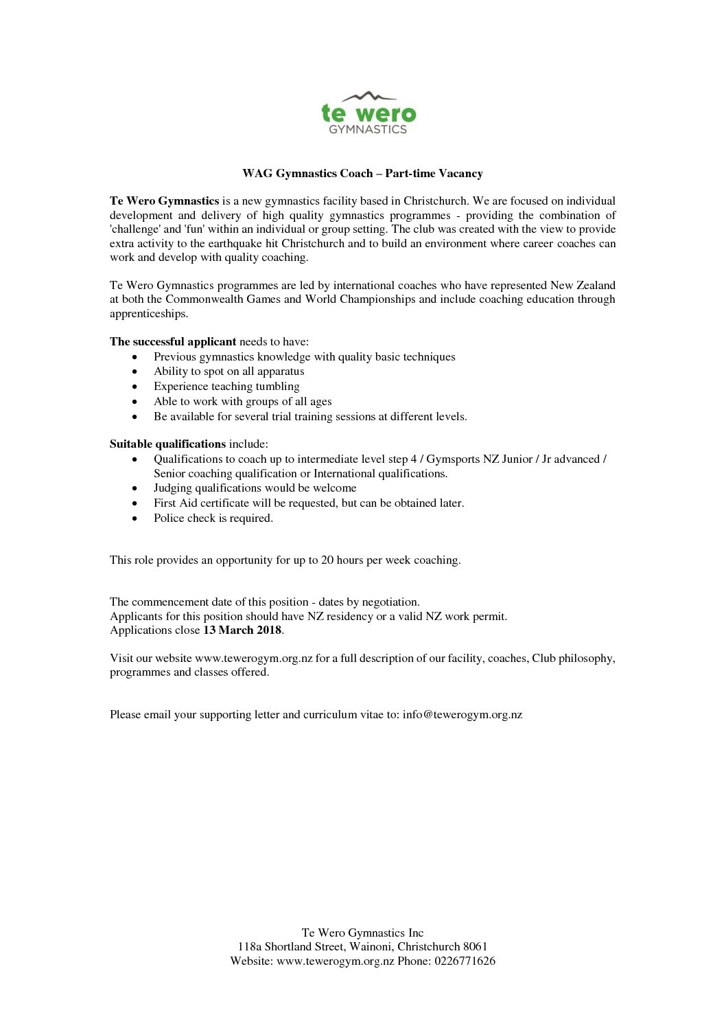 Te Wero WAG Gymnastics Coach Advert Updated 26Feb18 | GymnasticsNZ