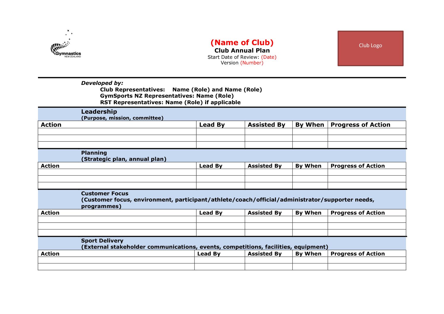 Club Annual Plan Template GymnasticsNZ