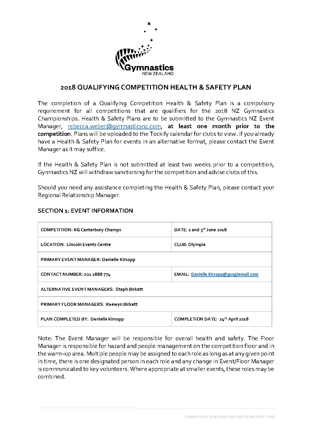 Canterbury Rhythmic Championships – Health & Safety Plan | GymnasticsNZ