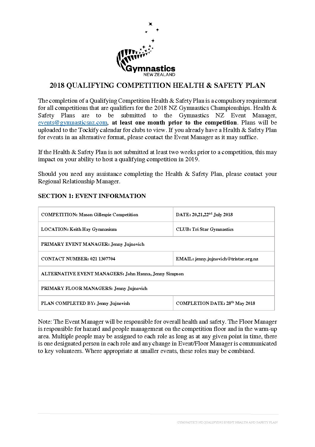 Mason Gillespie – Health Safety Plan | GymnasticsNZ
