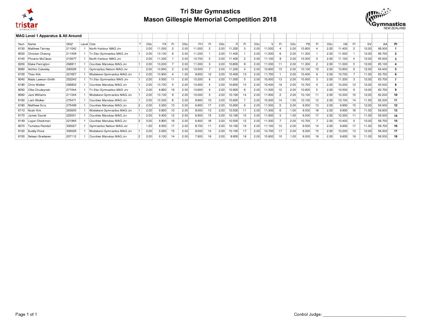 Tri Star Mason Gillespie Competition 2018 MAG Results | GymnasticsNZ